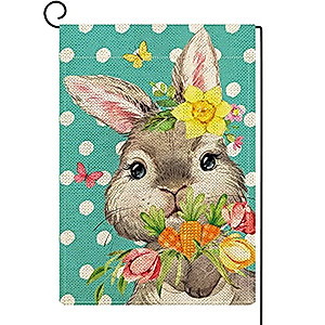 ORTIGIA Easter Bunny Garden Flag 12x18Inch Burlap Double Sided Polka Dot Spring Easter Rabbit with Tulips Flowers and Carrots Flags Spring Summer Farmhouse Seasonal Outdoor Flag