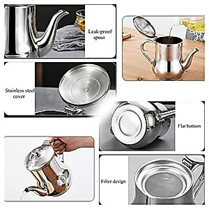 Stainless Steel Oiler with Strainer, Bacon Grease Container with Strainer and Spout, Reusable Stainless Steel Oiler for Bacon Grease, 304 Stainless Steel Oil Strainer Pot for Kitchen (24 oz)