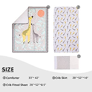 Honkaii Crib Bedding Set for Boys or Girls 3 Piece, Crib Sheet, Crib Skirt, Crib Comforter Included, Grey Crib Set for Boys, 100% Cotton Baby Nursery Bedding Decor, Jungle Giraffe Theme