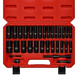 CASOMAN 3/8-Inch Deep Impact Socket Set, Metric & SAE, 31Piece Socket Set, CR-V, Includes Extension Bar (3, 6-inch) & Adapters, Heavy Duty Storage Case