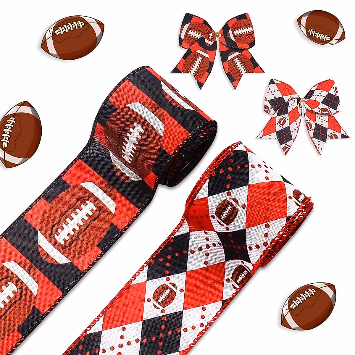 Hying 2 Rolls Football Ribbons for Wreath Bows, Sports Rolls Ball Wired Edge Ribbons Black Red Burlap Ribbon Football Craft Ribbons for Gift Wrapping Football Theme Party Supplies