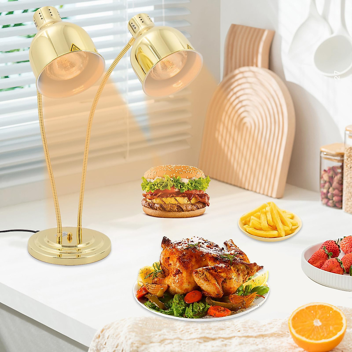AGULIUM Food Heat Lamp, Food Warmer Lights with Dual 250W Bulbs, 2-Head Food Warming Light, Food Heating Warmer Lamp for Restaurant Kitchen Food Service Buffet Home Use, Gold