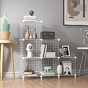 Wolizom Wire Cube Storage, Metal Grids Shelves Bookshelf, Stackable Modular Shelving Organizer, DIY Closet Bookcase Bookshelf, 6-Cube Grid Storage Shelf for Bedroom, Living Room, Office