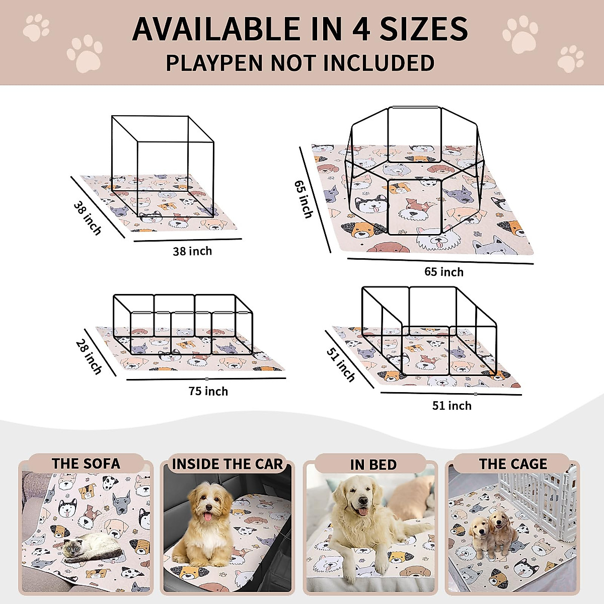 YGCASE Puppy Playpen Mat Crate Pad, Reusable Dog Pee Pads Washable for Pet Training, Housebreaking, and Incontinence, Waterproof/Anti-Slip/Machine Washable (Woof woof, 51x51 Inch-1 Pack)