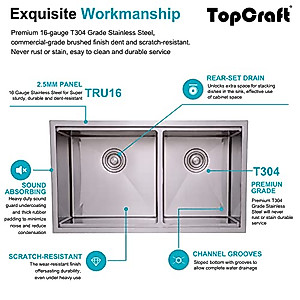 TopCraft Kitchen Sink Workstation Double Bowl 33-inch Undermount 16 gauge Kitchen Sink Stainless Steel Kitchen Sink with Integrated Ledge 60/40 Kitchen Sinks - HRO3319GSS