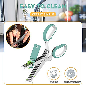 Updated 2023 Herb Scissors Set - Cool Kitchen Gadgets for Cutting Fresh Garden Herbs - Herb Cutter Shears with 5 Blades and Cover, Sharp and Anti-rust Stainless Steel, Dishwasher Safe (Blue-White)