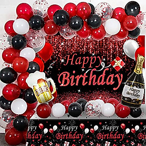 Red and Black Party Decorations, Happy Birthday Decorations for Men Women with Photography Backdrop & Tablecloth Balloons Arch Kit Banner Birthday Party Supplies Beer Bday Decor with Table Cover