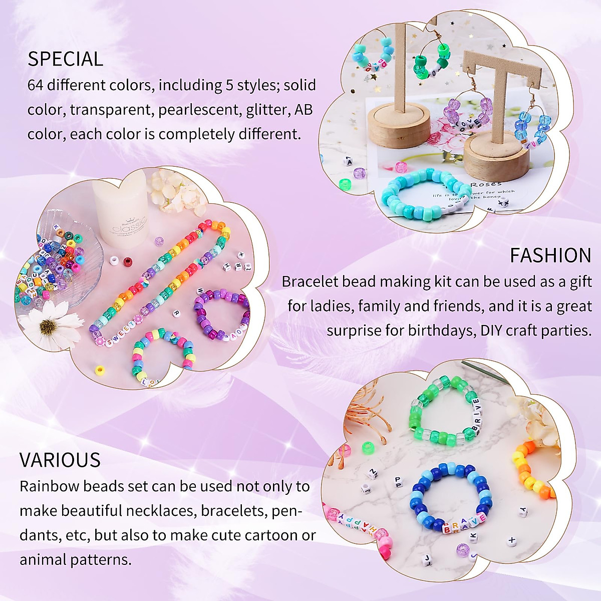 QUEFE 2350pcs, 64 Colors, Pony Beads for Bracelet Making Kit, Rainbow Kandi Beads Friendship Bracelet Kit, Letter Beads and Elastic Strings for Bracelet Necklace Making, Craft Gifts Set for Girls