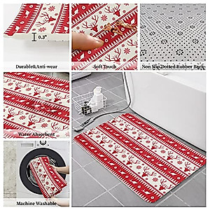 Libaoge Kitchen Mat Rug Set of 2 Christmas Elk Snowflake Xmas Tree Red Stripe Runner Rug Anti-Fatigue Comfort Memory Foam Standing Mat Non-Slip Floor Door Mat for Bathroom Bedroom 18x30in+18x60in