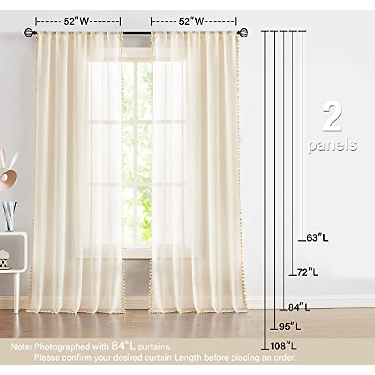 Treatmentex Pom Pom Linen Sheer Curtains for Living Room 63 inches Length Slub Textured Natural Farmhouse Window Sheers Drapes 52" w x 2 Pack, Rod Pocket