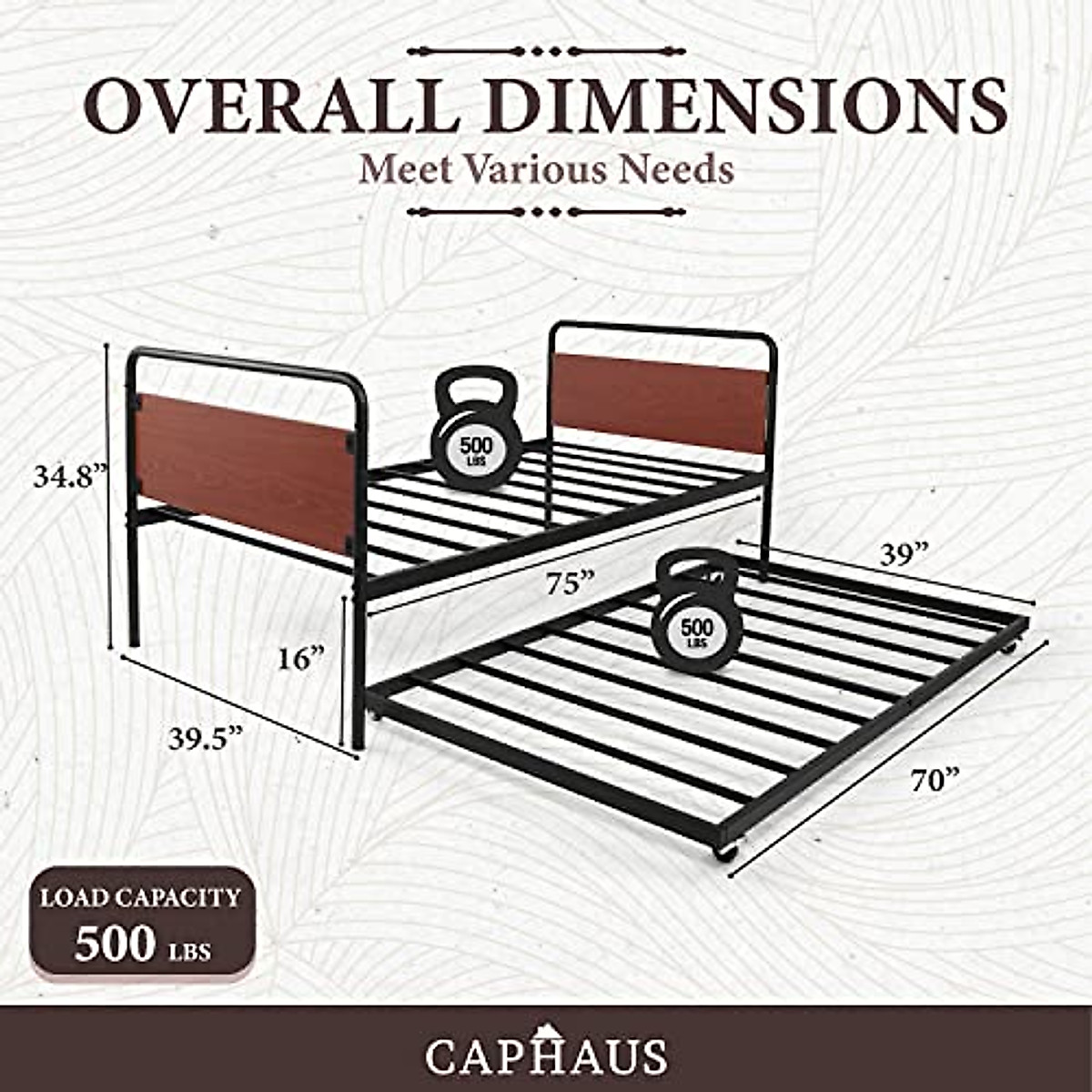 CAPHAUS Round Corner Metal Daybed Frame with Trundle, Twin Bed and Trundle Set, Mattress Foundation with Steel Slat Support and Roll Out Trundle Accommodate, Premium Steel, P2 Grade Walnut Wood Board