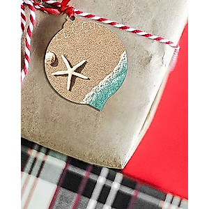 Acrylic Christmas Ornament Set of 6 Summer Starfish Shell 2023 Xmas Tree Tag Decorations, Welcome on Beach Ornaments with Ribbon for Holiday Party Hanging Tag Accessories Teal Blue Ocean