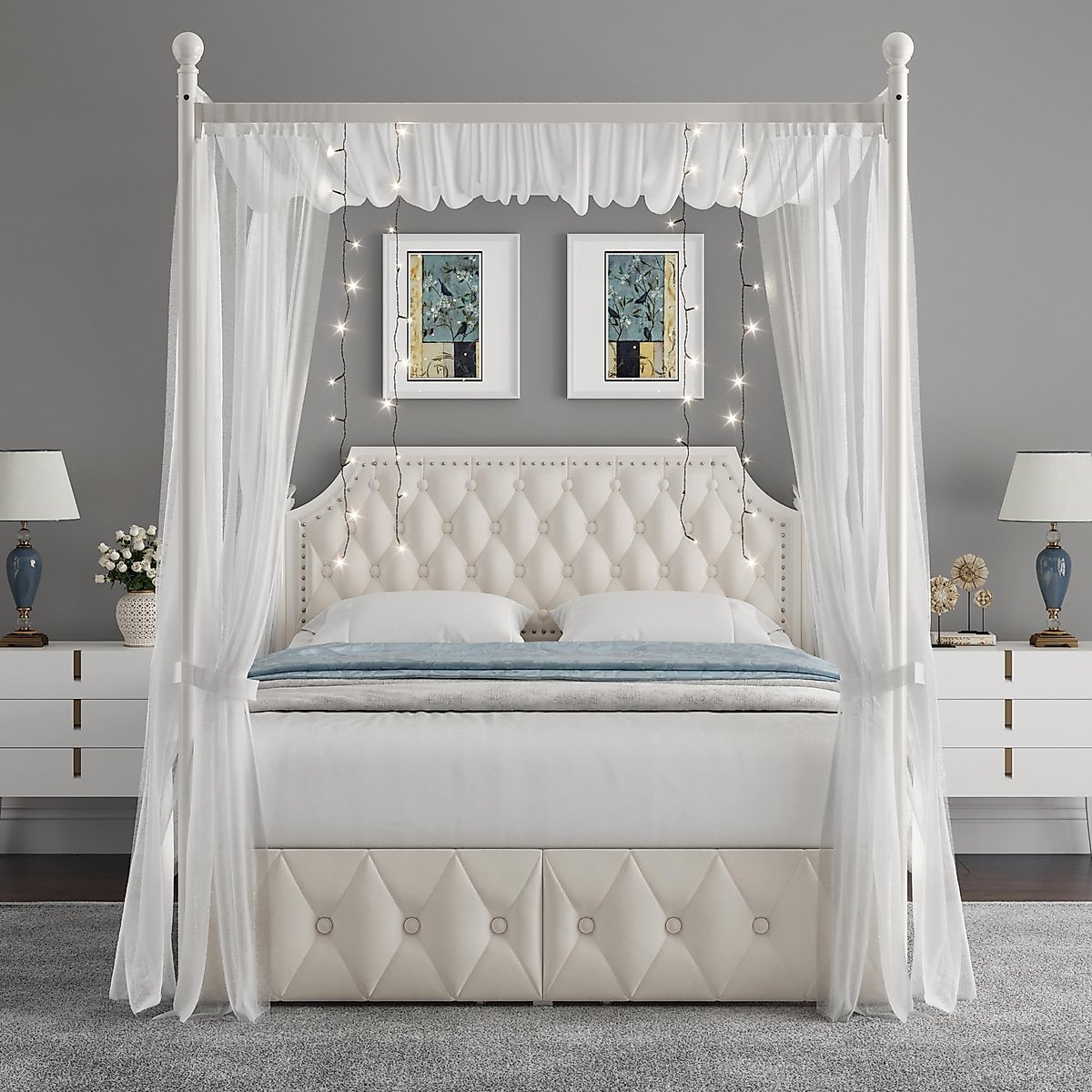Keyluv Queen Upholstered Canopy Bed Frame with 2 Drawers and Button Tufted Headboard, Metal Platform Bed with 4 Removable Posts Two-Purpose Velvet Bed No Box Spring Needed, Beige/Curtains Not Included