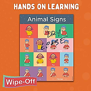 Sign Language Posters for Classroom - 3 Pack Includes: Family, Clothes, and Animal Sign Language Charts for Kids. ASL Posters for Classrooms are Each 16x20 inches, Dry Erase, and Made in the USA.