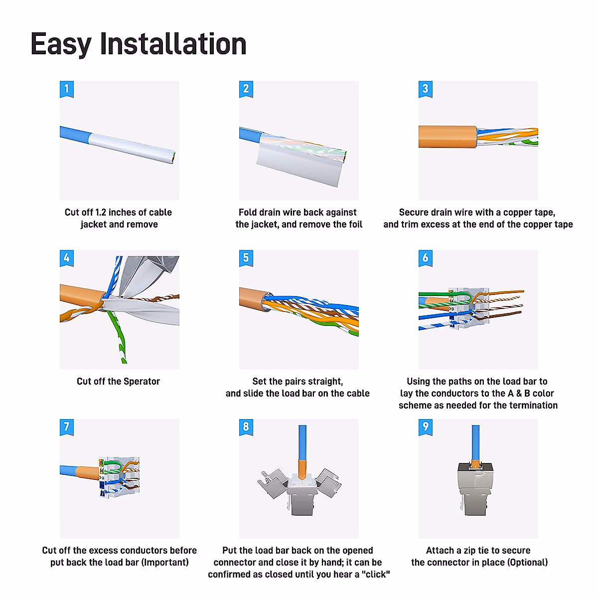 10-Pack RJ45 CAT 7 Tool-Less STP Shielded Keystone Jack, AMPCOM Self-Locking Cat7 Keystone Zinc Alloy Module Adapter No Punch-Down Tool Required Coupler for Wall Plate