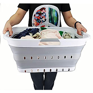 SAMMART 42L (11 Gallon) Collapsible Plastic Laundry Basket - Foldable Pop Up Storage Container/Organizer - Portable Basket - Space Saving Hamper/Basket (2, White/Grey)