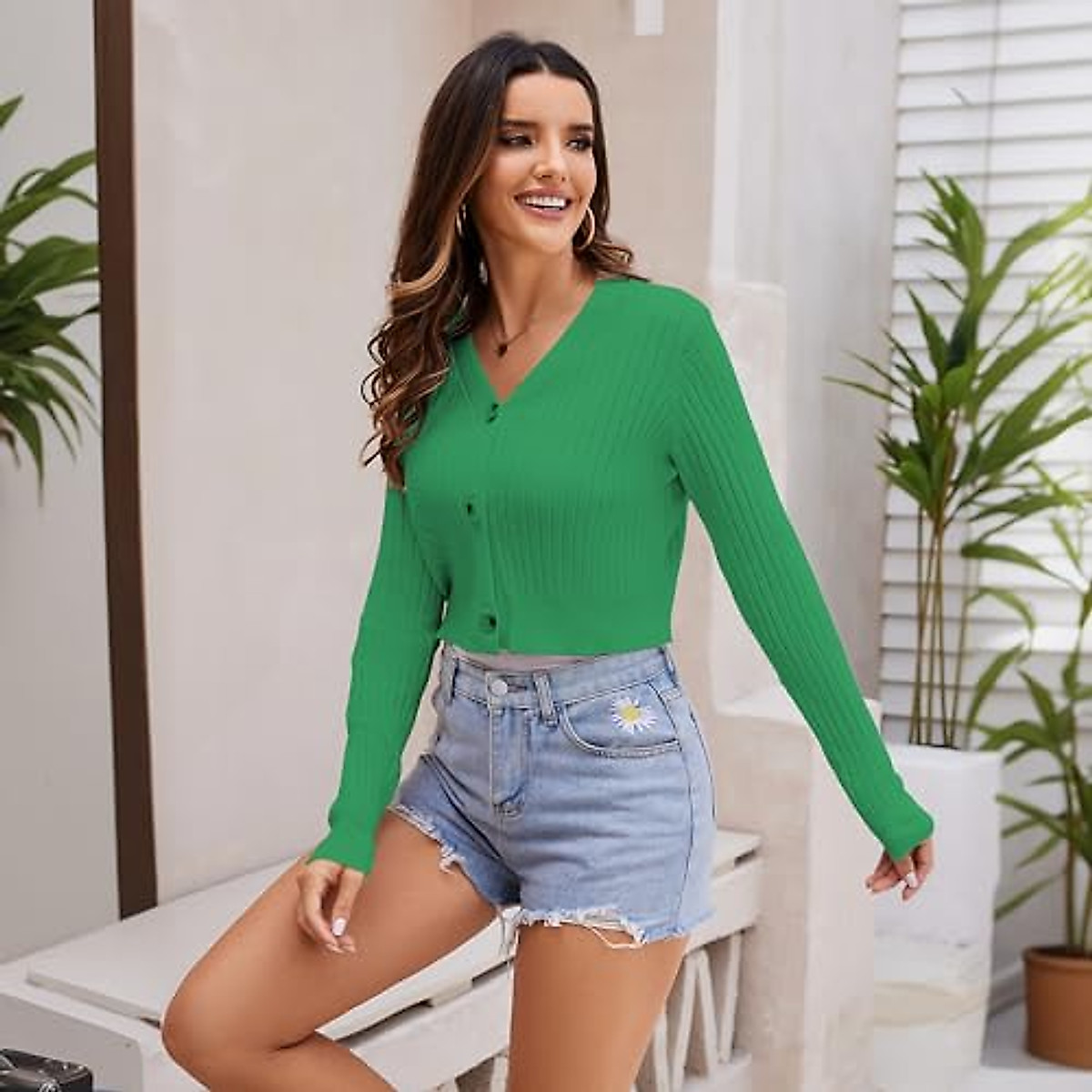 Women's Long Sleeve Cropped Cardigan Sweaters V Neck Solid Button Down Knit Bolero Shrugs Green