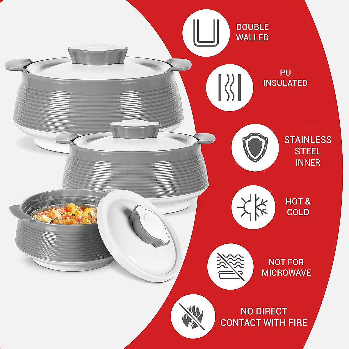 Milton Casserole for Hot Food, Double Walled Insulated Inner Stainless Steel Hot Pot with Lid, Serving box for Food and Roti, Serving Bowl, Set of 3 (Size 62, 45, 28 oz) Venice, Grey
