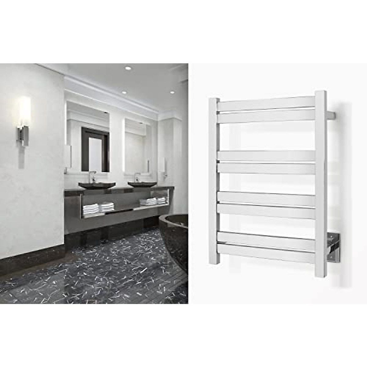 WarmlyYours Radiant Electric Heated Towel Warmer Rack, Hardwired, Integrated On/Off Switch with Light, Stainless Steel, Polished