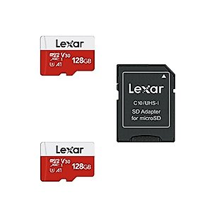 Lexar E-Series 128GB Micro SD Card[2 Pack], MicroSDXC Flash Memory Card with Adapter Up to 100MB/s, U3, V30, A1, C10, UHS-I, 4K UHD, Full HD, High Speed TF Card for Phone, Tablet, Drone and Camera