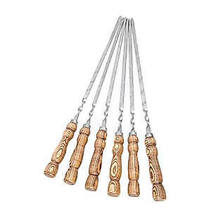 CKG BBQ 6 PCS Skewers Shashlik Shampur Kebab | Barbecue Meat Mangal Grill Russian | Wooden Handle Camping Outings Cooking Tools | 3mm