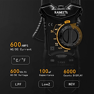 KAIWEETS HT206D Digital Clamp Meter T-RMS 6000 Counts, Multimeter Voltage Tester Auto-ranging, Measures Current Voltage Temperature Capacitance Resistance Diodes Continuity Duty-Cycle (AC/DC)