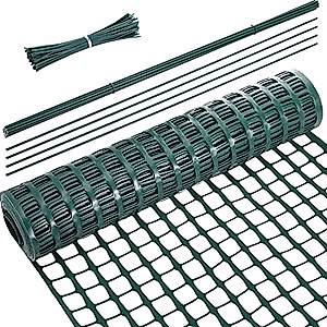Plastic Garden Fencing Roll Safety Construction Barrier Outdoor Snow Mesh Fence Garden Netting, 1.2 Inch Mesh, Coated Iron Wire Support Stakes, Cable Ties for Garden (Green, 2 x 50 Feet)