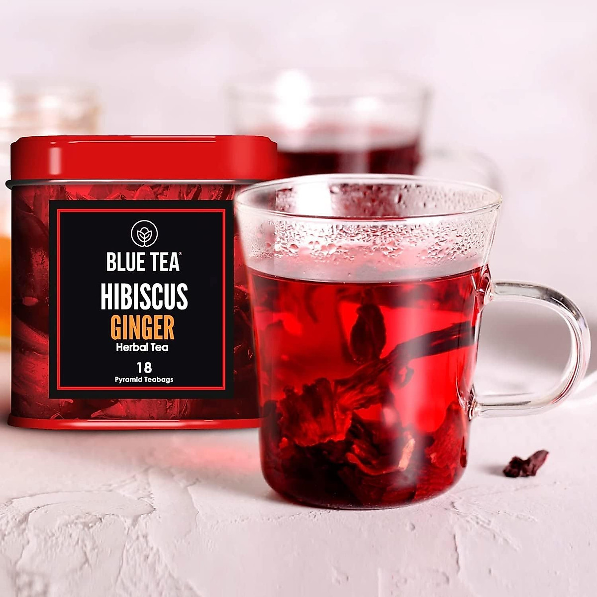 BLUE TEA - Hibiscus Ginger Herbal Tea - 18 Tea Bags | DETOX TEA | Caffeine & Gluten Free - Non-GMO | Tin Packaging |