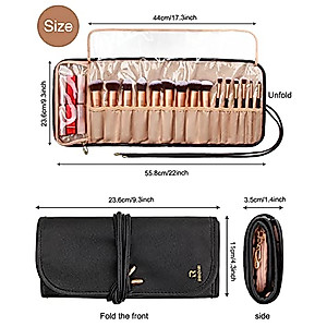 Relavel Makeup Brush Rolling Case Makeup Brush Bag Pouch Holder Cosmetic Bag Organizer Travel Portable Cosmetics Brushes Black Leather Case with Small Clear Bag