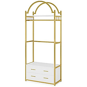 LITTLE TREE Tall Clothes Rack Shelves with Shelves Drawers and Hooks, Modern Arced Closet Organizer Heavy Duty Garment Clothing Freestanding Wardrobe Storage Shelving with Hanging Rod, White Gold