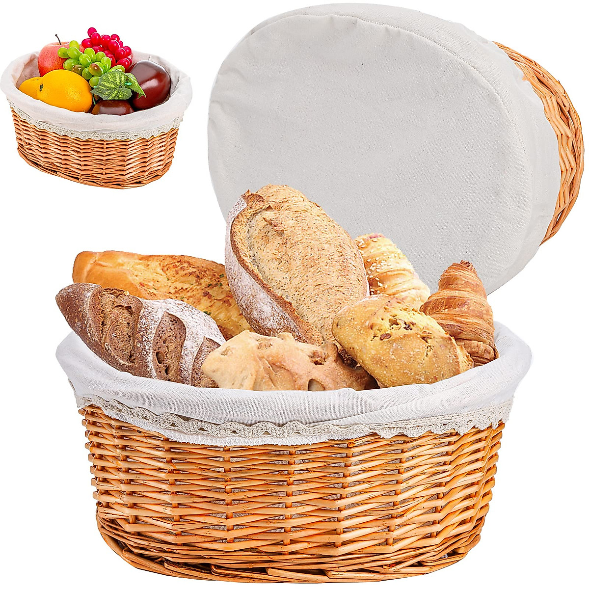 Nicunom Bread Basket for Serving, Large Bread Storage Basket with Removable Liner & Cover, Wicker Fruit Basket Picnic Basket Easter Gift Baskets Rattan Basket for Sourdough Bread