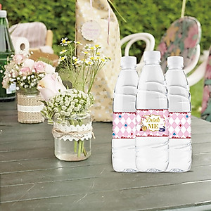 32 Pcs Alice in Wonderland Water Bottle Stickers, Alice Tea Party Water Bottle Labels, Alice Birthday Bottle Wrappers, Bridal Shower Party Decorations - Pink