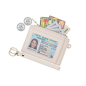 Wikavanli Women Slim Rfid Blocking Credit Card Case Holder Wristlet Zip ID Case Wallet Small Compact Leather Wallet Coin Purse with Keychain (Beige)