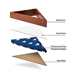 DecoWoodo Flag Box Display Case for 3'x5' Folded American Flag (Not for Burial Flag) - Wooden Military Veteran Flag Shadow Box with HD Tempered Glass, Wall Mounted Triangle Flag Frame, Brown