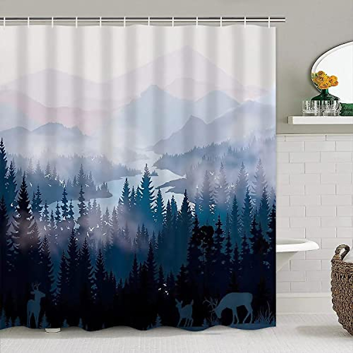 DDQQ 4Pcs Misty Mountain Shower Curtain Sets Dark Blue Tree Bathroom Set Decor with Non-Slip Rugs Bath U-Shaped Mat Toilet Lid Cover Woodland Nature Bathroom Curtains Shower Set with 12 Hooks