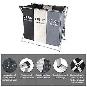 132L Laundry Cloth Hamper Sorter Basket Bag Bin Foldable 3 Sections with Aluminum Frame 25'' × 14'' x 22'' Washing Storage Dirty Clothes Bag for Bathroom Bedroom Home (White+Grey+Black)