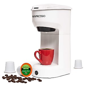 Mixpresso 2 in 1 Coffee Brewer Pods Compatible & Ground Coffee, Personal Coffee Brewer Machine, Compact Size Mini Coffee Maker, Quick Brew Technology 14 oz White Coffee Maker