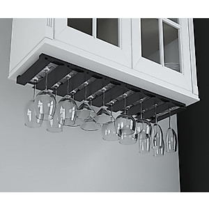 Rustic State 4 Sectional Adjustable Wood Under Cabinet Wine Glass Holder Wine Glass Rack Hanging Shelf Stemware Bar Organizer - 12 Wine Glass Storage - 10 Inch Deep - Black