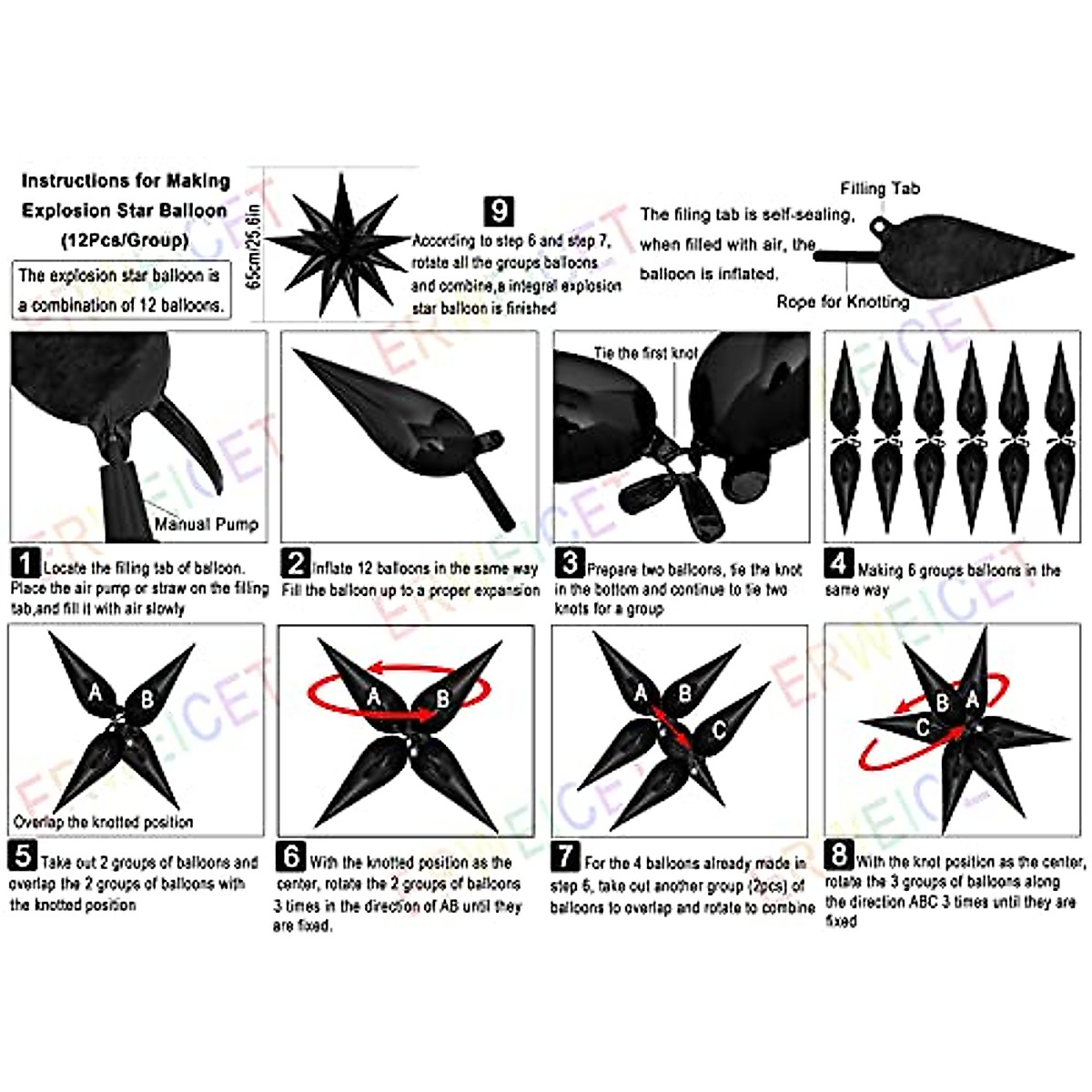 50pcs Black Star Balloons Mylar, Black Spike Explosion Star Foil Balloons Metallic, Black Starburst Cone Point Star Balloons for New Year Eve, Halloween, Graduation, Birthaday, Wedding Decorations