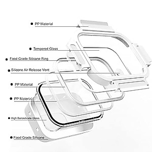 GENICOOK Borosilicate Tempered Glass Food Storage Containers with Glass Lids - Food Grade Silicone Wrap & Air Release Vent, Rectangular shape - 8 Pc Set (4 Containers - 4 Matching Lids) White