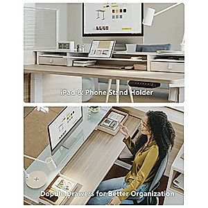 BANTI 55"x 26" Electric Standing Desk with Glass Top Monitor Stand, Adjustable Sit Stand Up Table with Double Drawer, Sit Stand Desk with Storage Shelf, Light Walnut Top