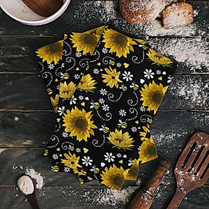 Meet 1998 Floral Sunflower Bee Kitchen Towels, Set of 2 Hand Drying Towel, Soft Absorbent Multipurpose Cloth Tea Towels for Cooking Baking, Yellow Black Washable Dish Towels Cloth 18x28 Inch