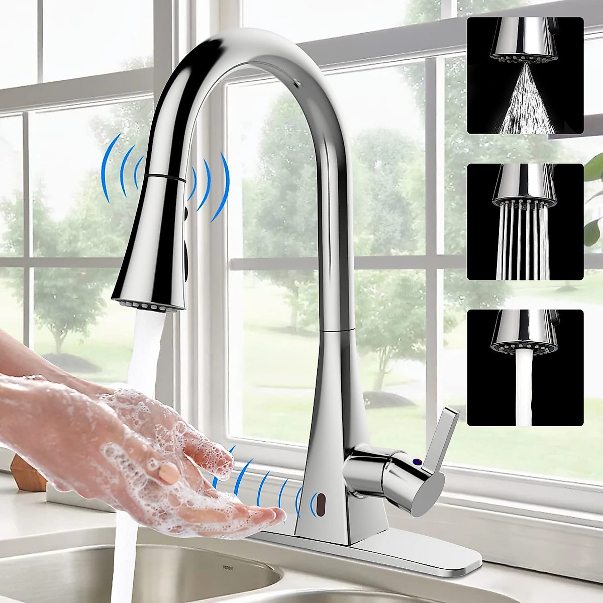 Touchless Kitchen Faucet, ANBSR Kitchen Sink Faucet with Pull Down Sprayer, High Arc Pulldown Single Handle for Motion Sensor, One Hole and 3 Hole 3 Setting Polished Chrome Touch Kitchen Faucet