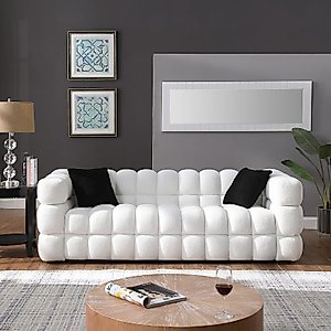 84.3" Cloud Couch, Mid Century Sleeper Sofa Modern Marshmallow Boucle Sofa Fabric Couches for Living Room with Plastic Legs Upholstered Tufted 3 Seater Sofa with 2 Pillows