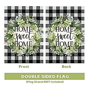 wondever Home Sweet Home Wreath Garden Flag 12×18 Double Sided Vertical Black and White Buffalo Check Plaid Burlap Watercolor Green Leaves Yard Flags for Farmhouse Yard Holiday Outdoor Flags Decor
