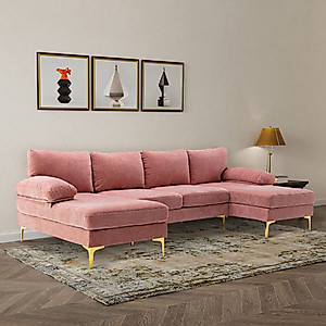 Homtique U Shaped Sectional Couch,Modern Large Modular Sectional Sofa for Living Room,Chenille Fabric Oversized Couch with Chaise Lounge and Golden Legs (Pink)