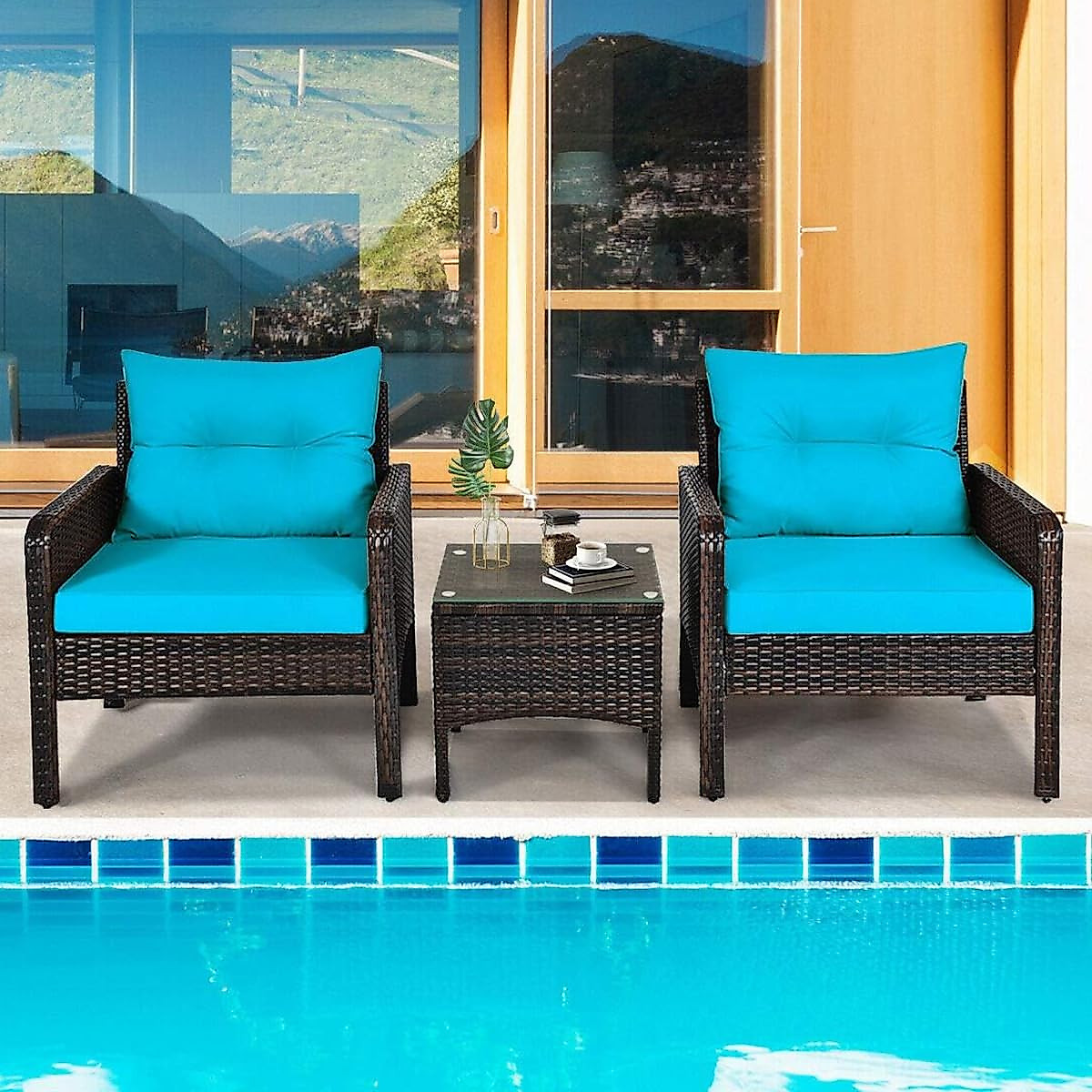 RELAX4LIFE 3-Piece Patio Furniture Set, PE Rattan Wicker Outdoor Conversation Set w/Glass Top Coffee Table & Thick Cushions for Deck Porch Balcony Garden, Bistro Table and Chairs Set of 2 (Turquoise)