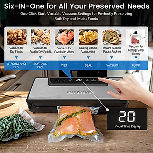 BLITZHOME Vacuum Sealer Machine, 6 Easy Modes for Dry/Moist Food Storage/Sous Vide, Built-in Cutter/Storage, Visual Seal-Time, Automatic Food Sealer with 15Pcs Bags,1 Roll, Full Starter Kit…