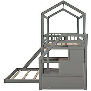 SOHUSPHOME Twin Over Full House Bunk Bed with Convertible Slide and Storage Staircase,Full-Length Guardrail, Solid Wood Platform Bed Frame, No Box Spring Needed for Kids Teens Bedroom, Grey