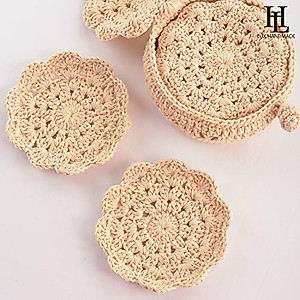 Crochet Doilies 4 Inch Coaster Set, Doily Crochet Coasters Set with Holder, Dollies Crochet Coasters for Wedding Decorations, Outdoor Coasters for Patio Table, Pack of 7, Beige